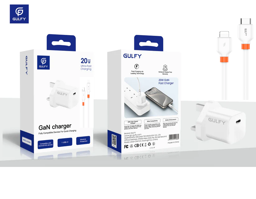 شاحن هاتف تايب سي تو لايتنيك Gulfy Fast Charger 20W GaN USB-C TO USB-L ...